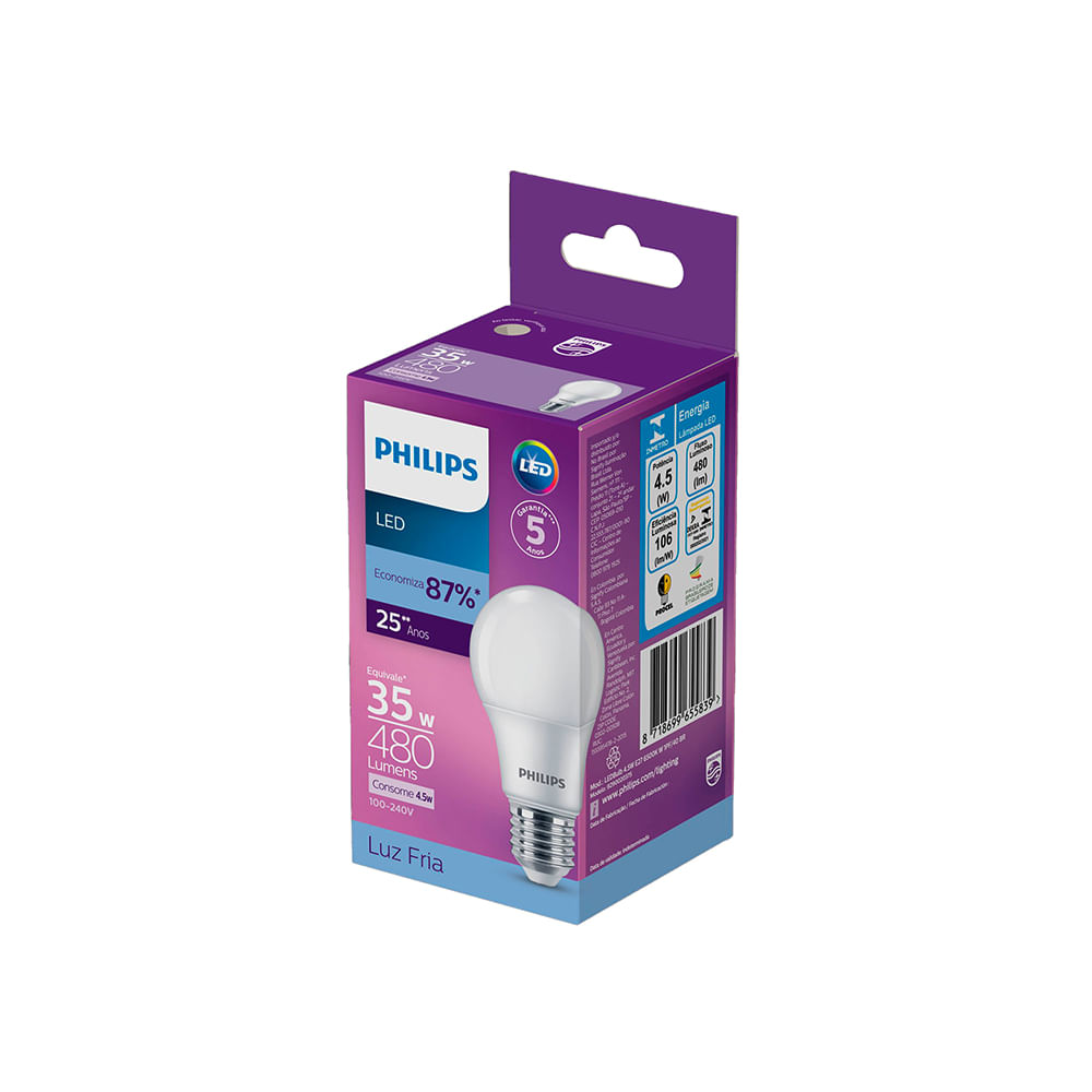 Lâmpada Led Philips bulbo A60 bivolt base E27 Branca Fria - 7W ...