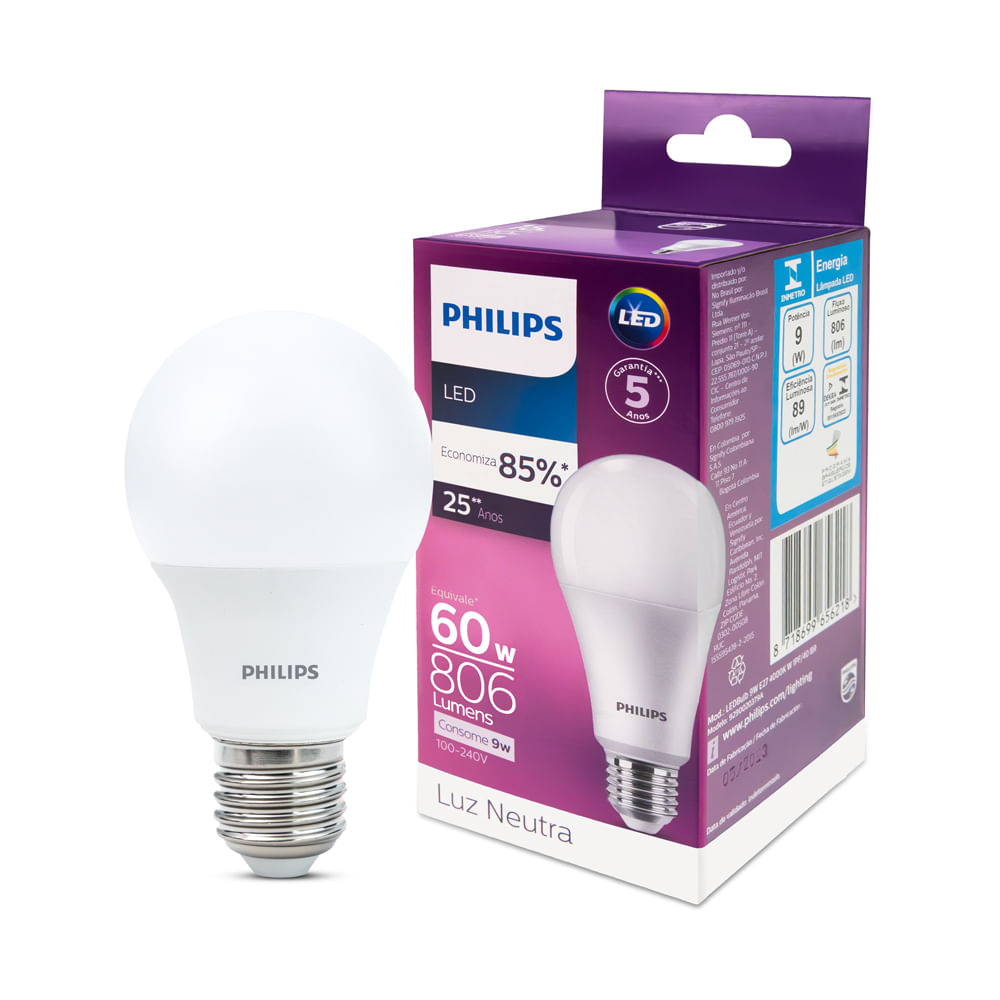 Lâmpada Led Philips bulbo A60 bivolt base E27 Branca Neutra - 9W ...