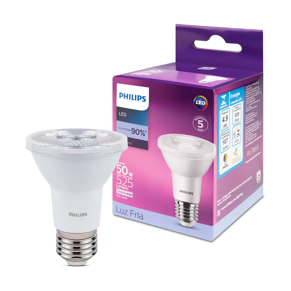 Lâmpada Led Philips PAR20 4.9W bivolt base E27 Branca Fria - 4.9W ...