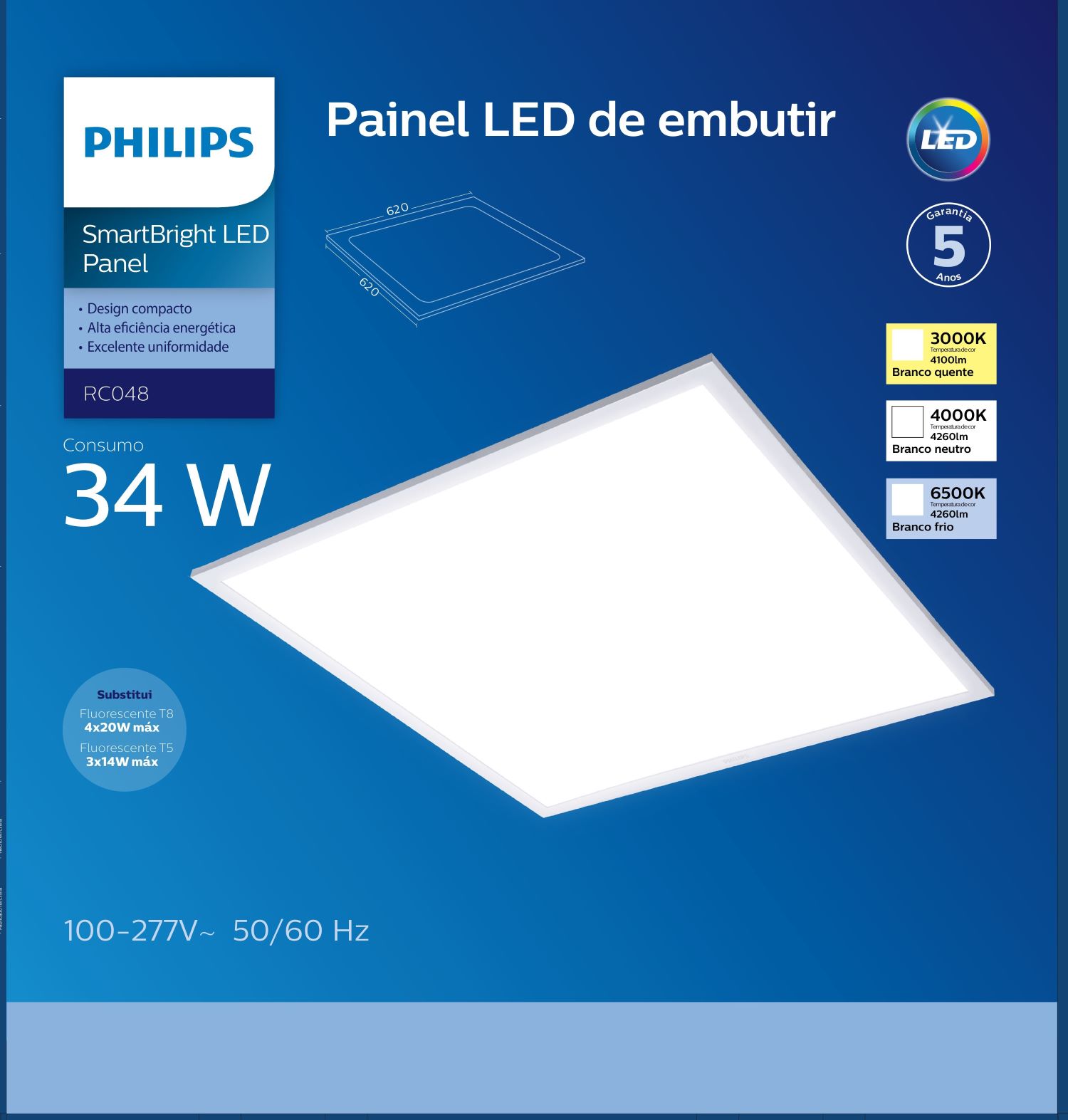 Painel LED RC048B LED41S/830 100-277V 3000K W62L62 - Alta Eficiência e Luminosidade - Loja ...